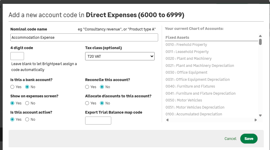 Chart of accounts and account codes