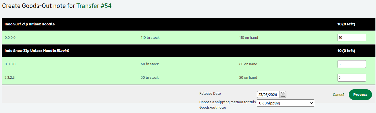 Inventory transfers (warehouse-to-warehouse)